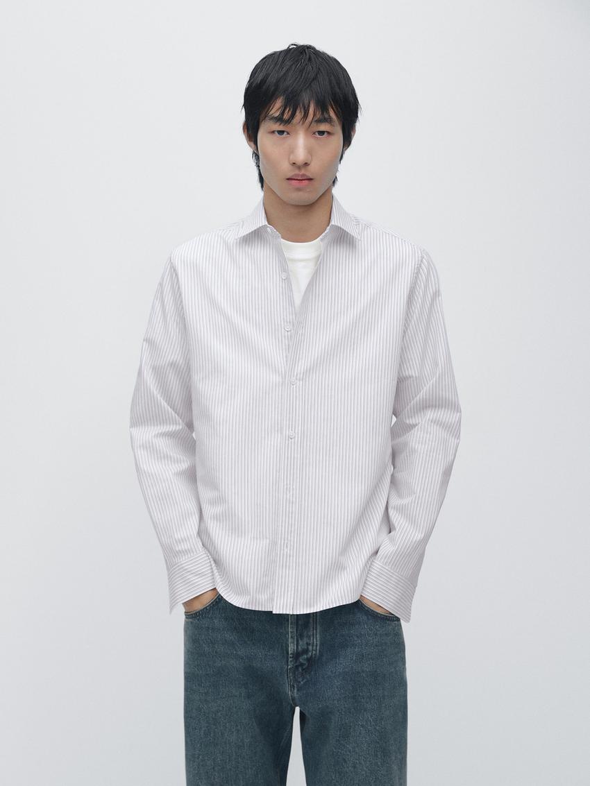 Striped cotton blend shirt · Blue · Shirts | Massimo Dutti