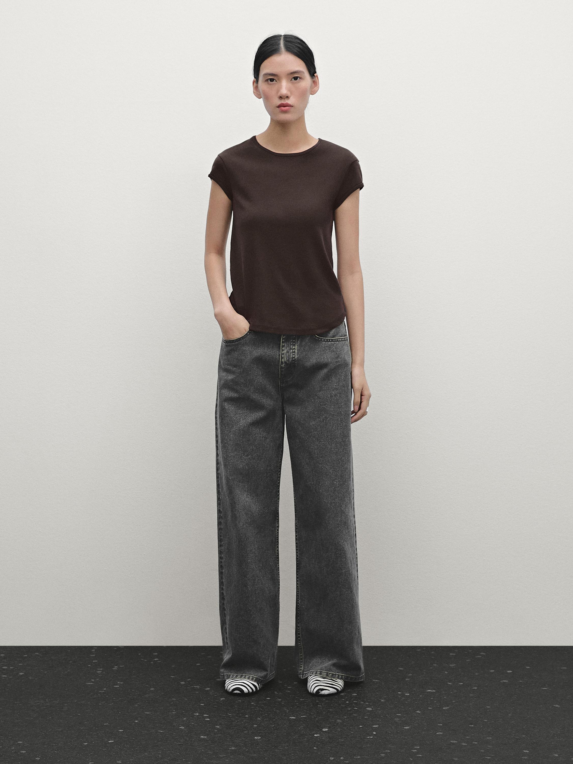 100% cotton T-shirt with rounded hem · Brown, Cream · T-shirts And Polo ...