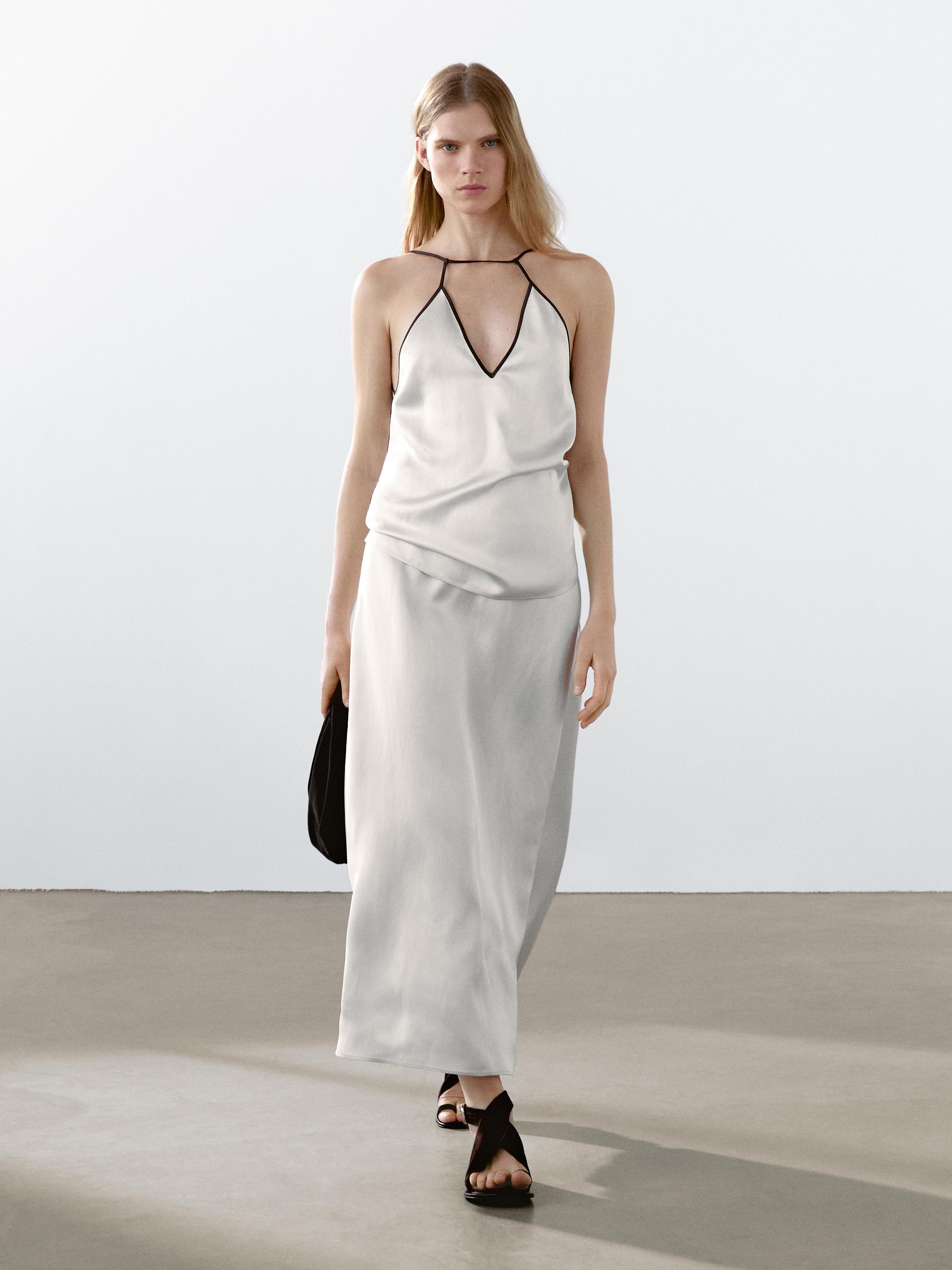 Юбка миди из сатина с окантовкой · Натуральный, Кремовый · Строгая Одежда / Юбки | Massimo Dutti