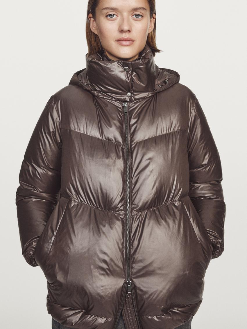 Water-repellent shiny down jacket · Brown · Coats | Massimo Dutti
