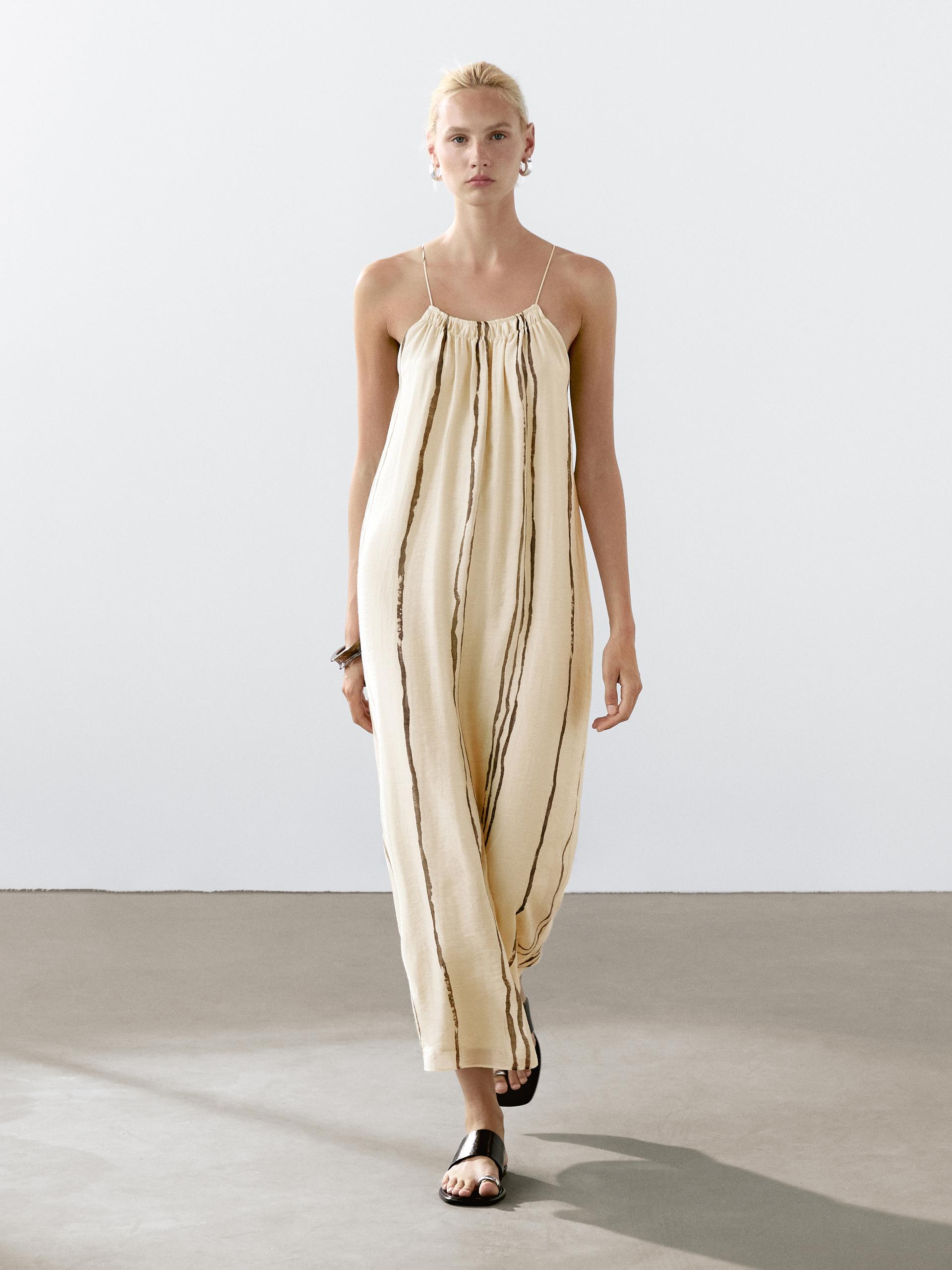 Robe midi fluide imprimé à rayures · Cru · Habillé / Robes Et Combinaisons | Massimo Dutti