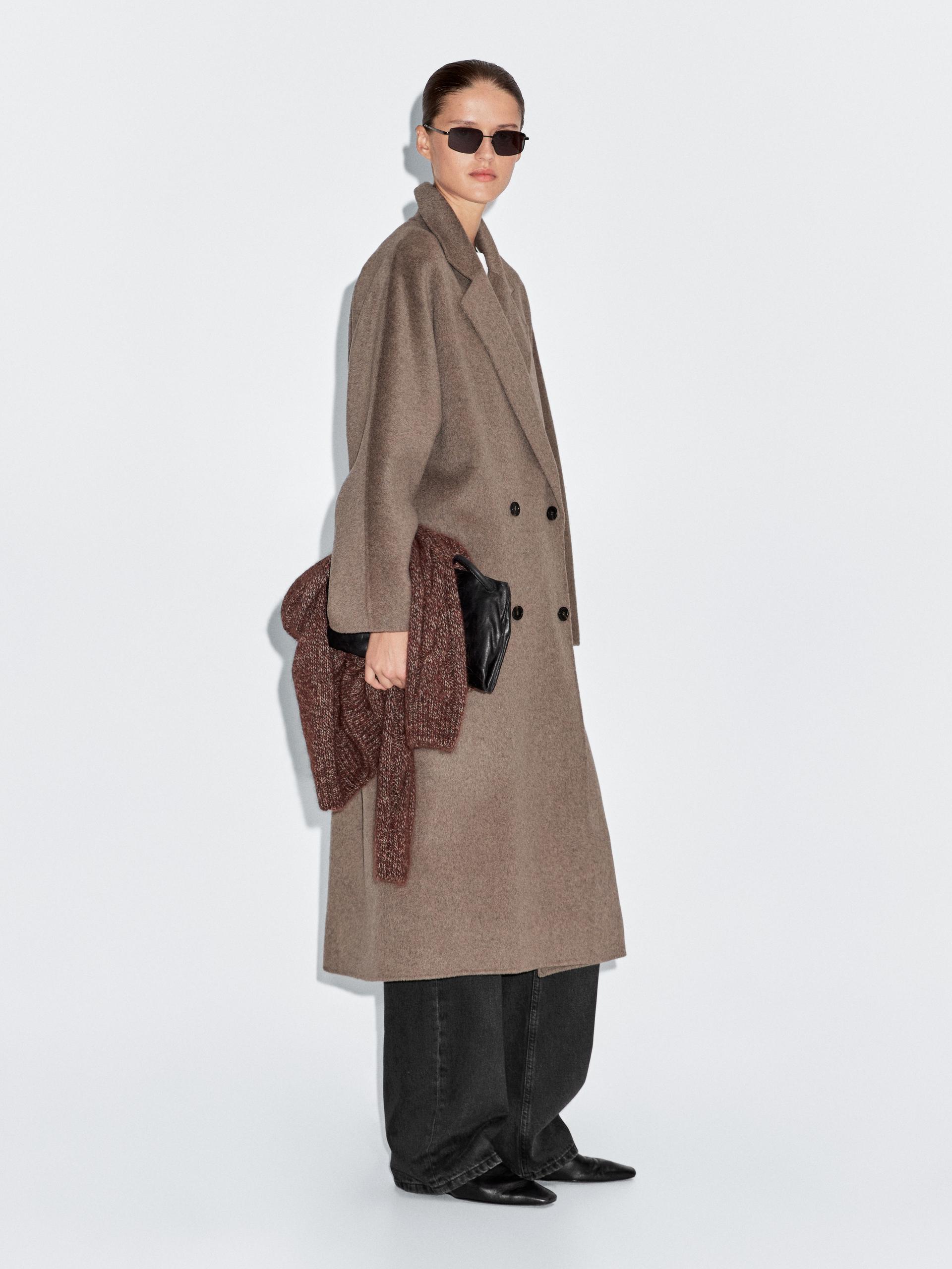 Dugi kaput na preklop od mješavine vune · Smećkastosiva · Coats And Jackets | Massimo Dutti