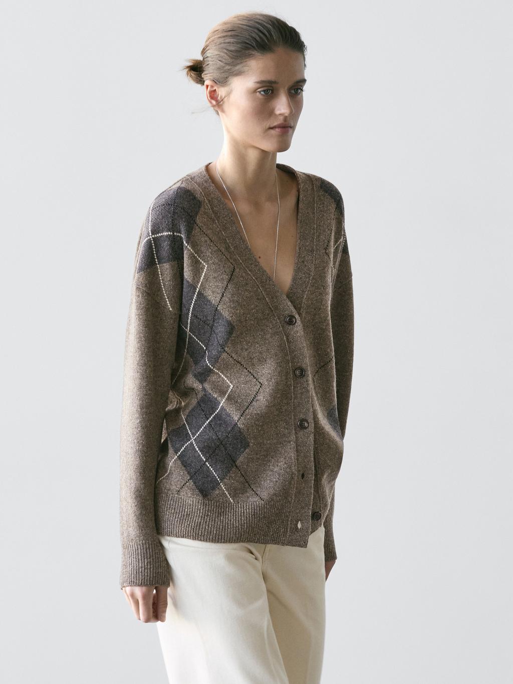 Wool argyle knit cardigan · Mole Brown · Cardigan | Massimo Dutti