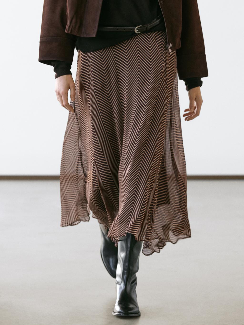 Striped flared midi skirt · Burgundy · Skirt | Massimo Dutti