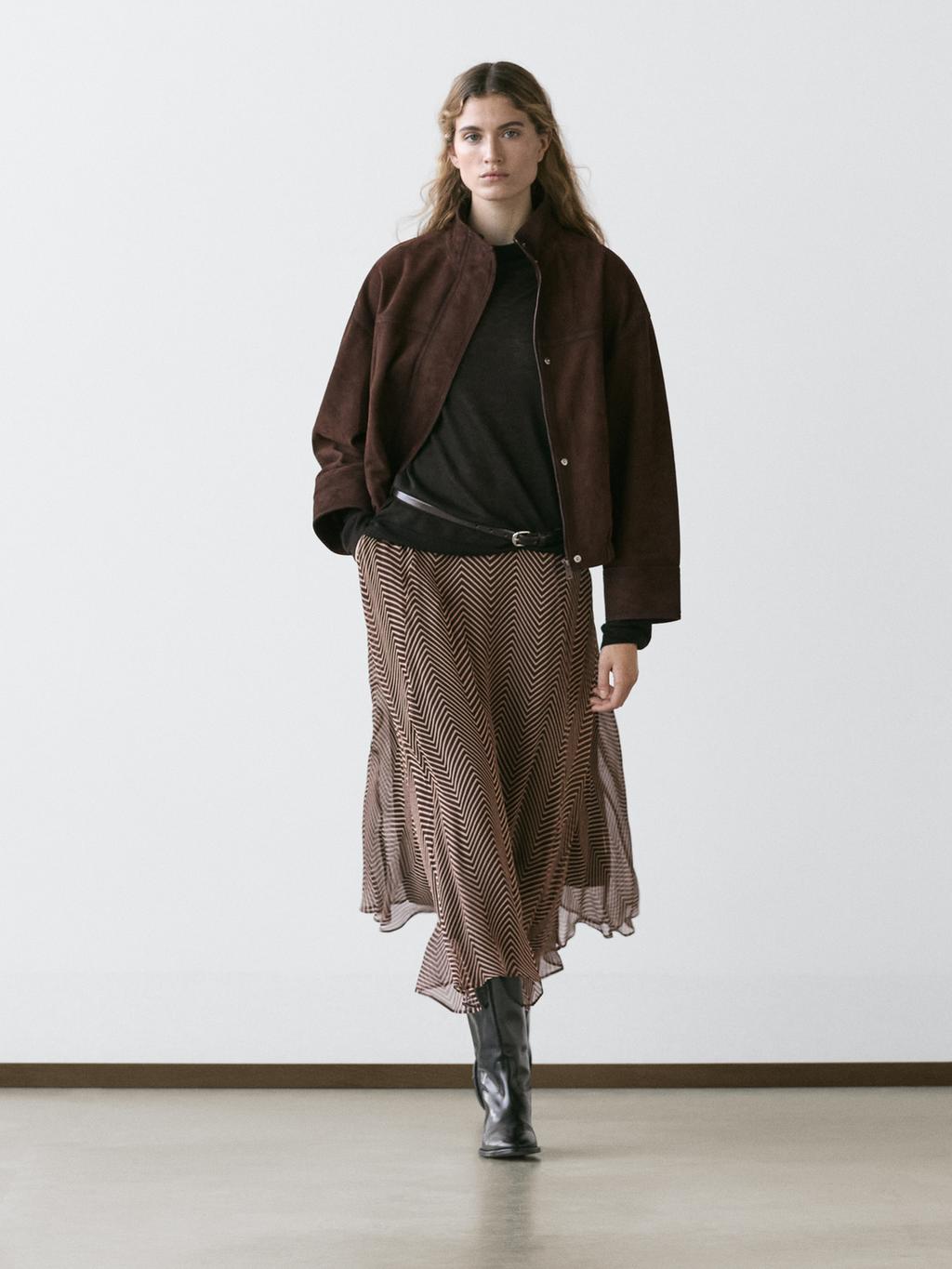 Striped flared midi skirt · Burgundy · Skirt | Massimo Dutti