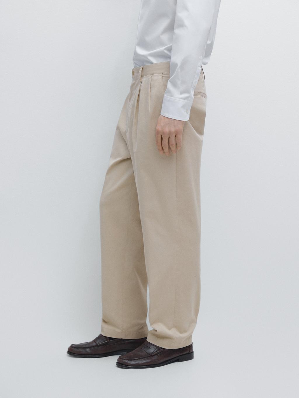 Pantalón pinzas mezcla algodón · Beige · Pantalón | Massimo Dutti
