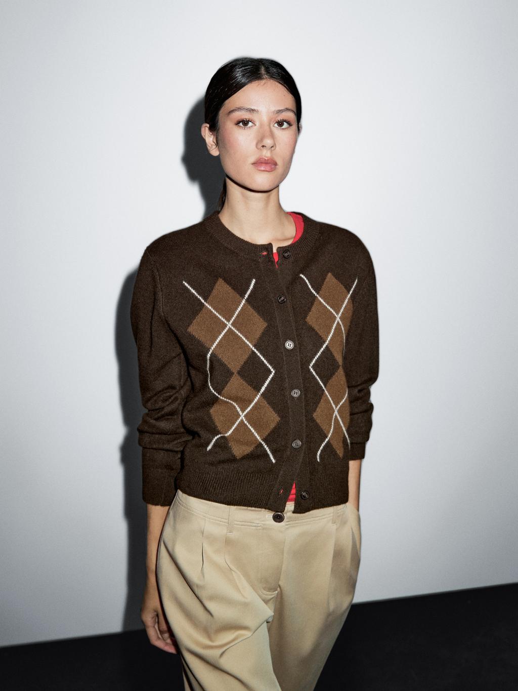 Knit cardigan with diamond detail · Brown · Cardigan | Massimo Dutti