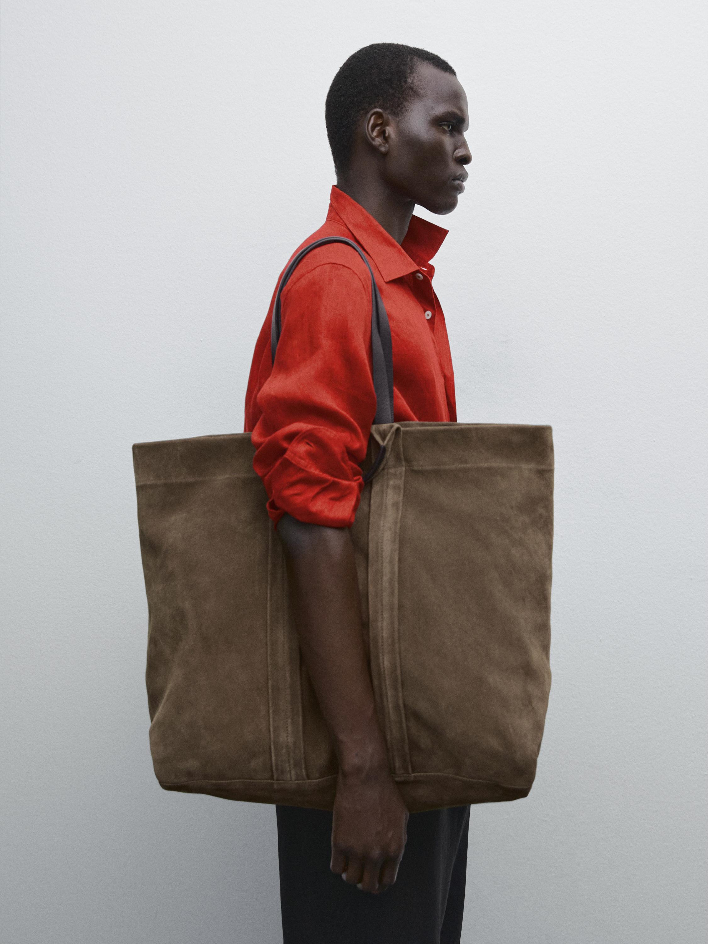 Split suede leather shopper bag · Khaki · Accessories | Massimo Dutti