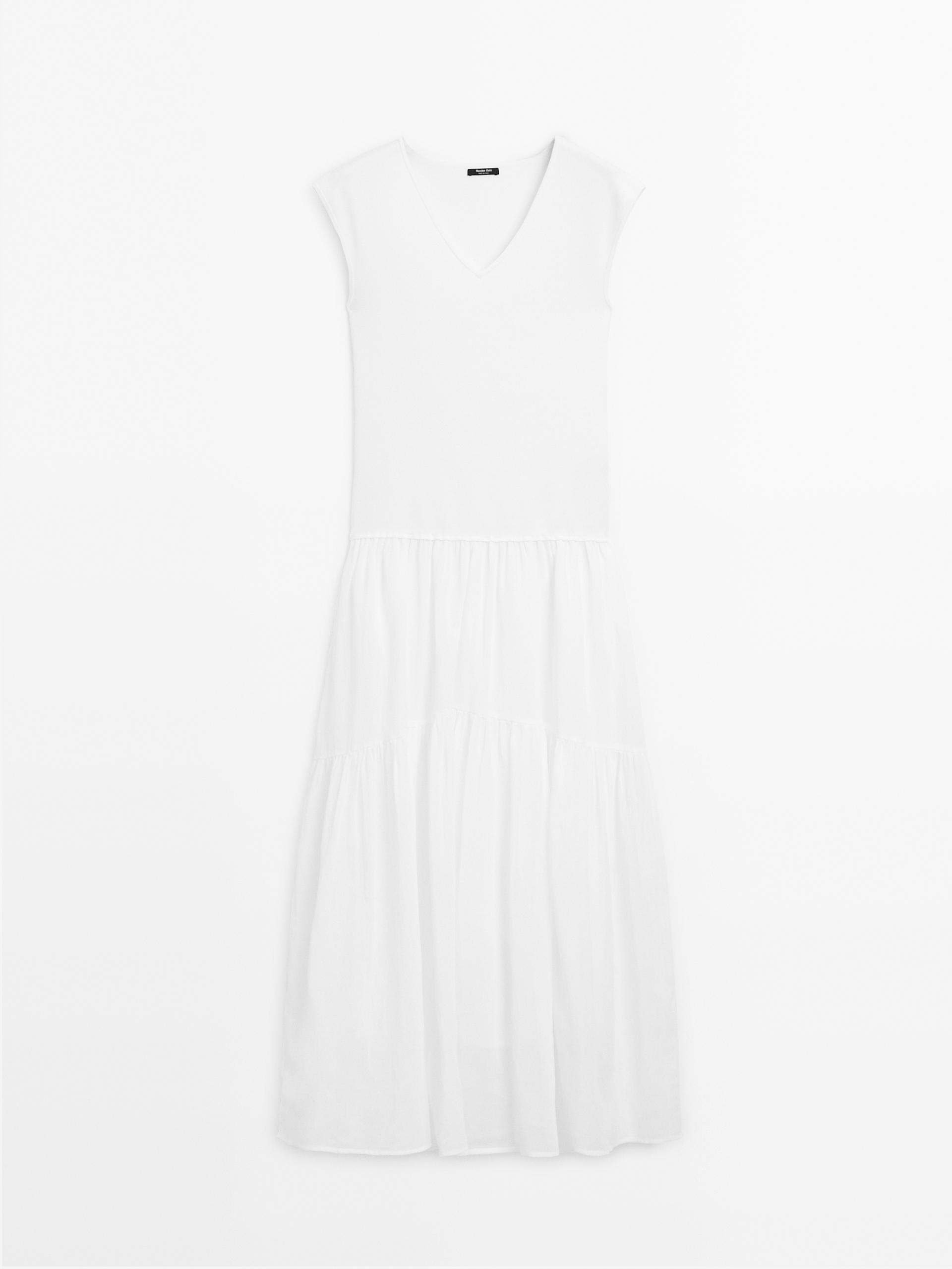 Robe longue contrastante à encolure en V · Blanc · Habillé / Robes Et Combinaisons | Massimo Dutti