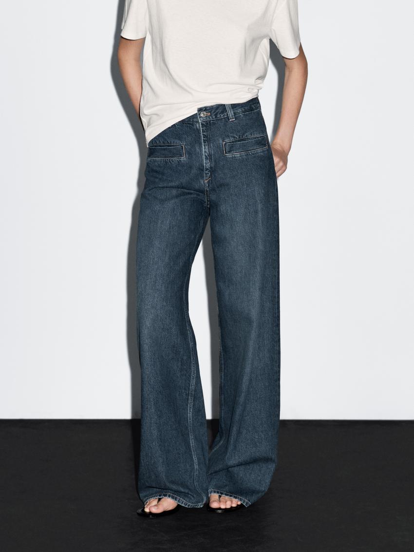 Cepli yüksek bel geniş paça jean · Mavi̇ · Pantalonlar | Massimo Dutti