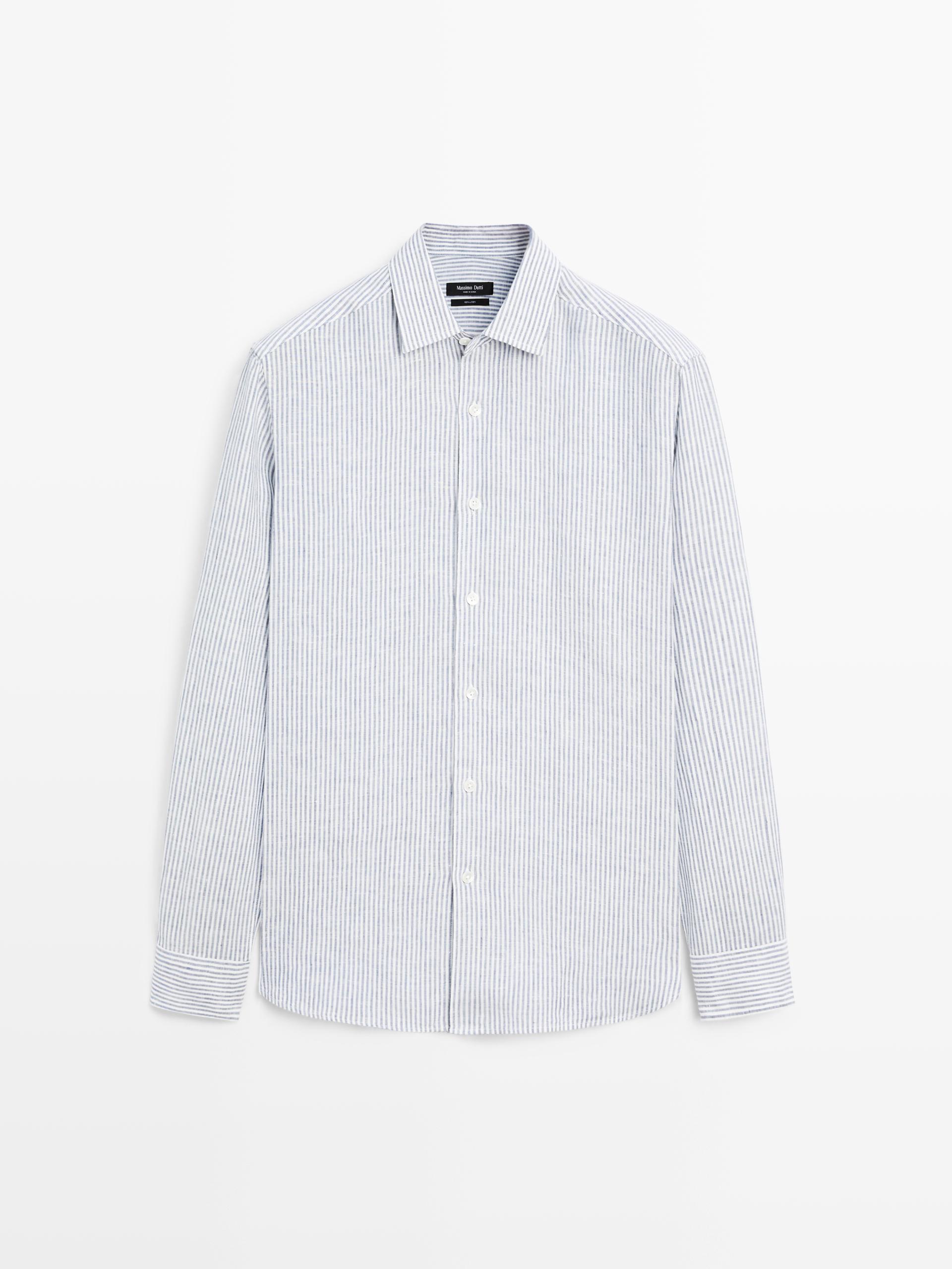 Camisa rayas lino · Azul · Camisería | Massimo Dutti